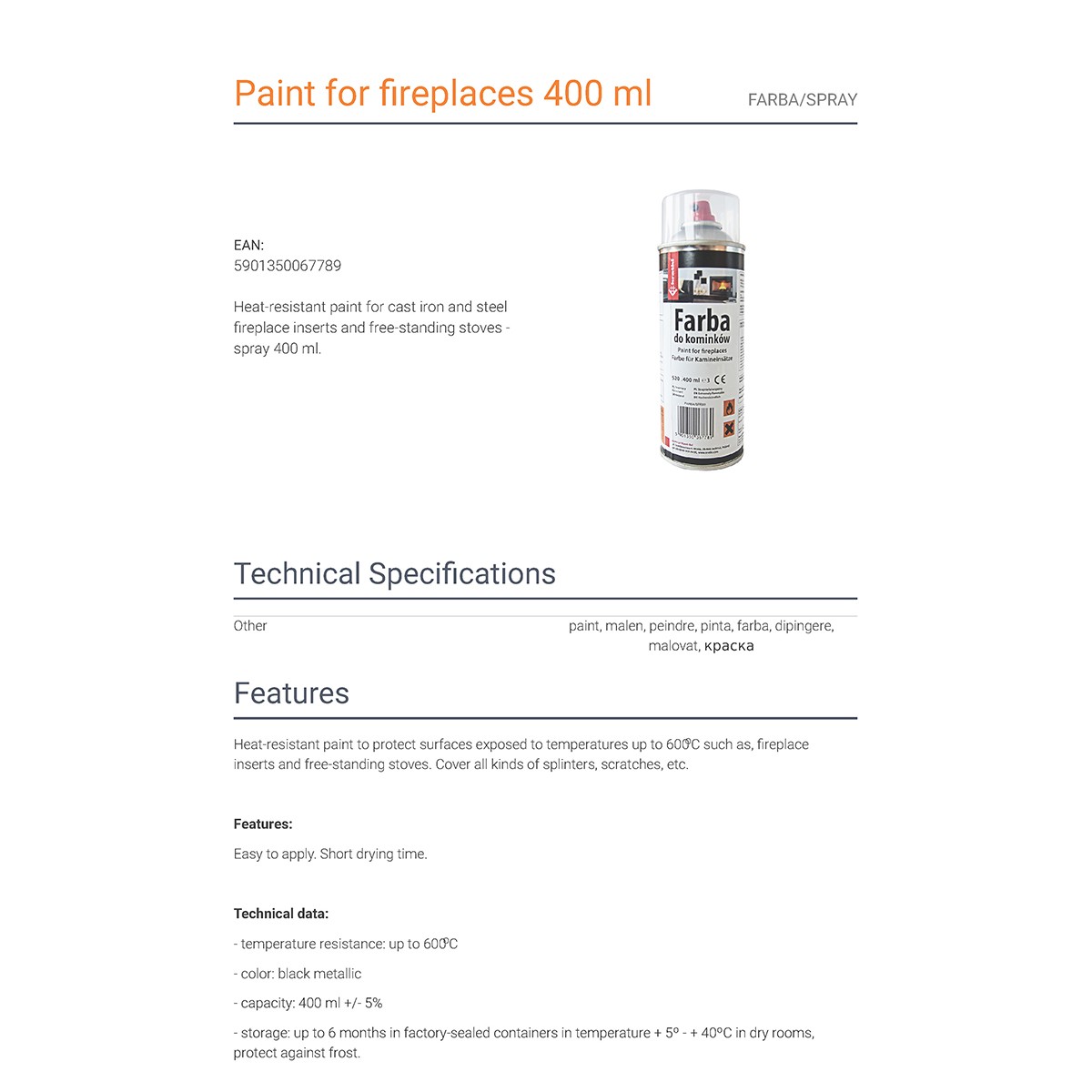 KRATKI FARBA/SPRAY 400ML ΧΡΩΜΑ ΑΝΘΕΚΤΙΚΟ ΣΤΗ ΘΕΡΜΟΤΗΤΑ ΓΙΑ ΕΣΤΙΕΣ ΚΑΙ ...